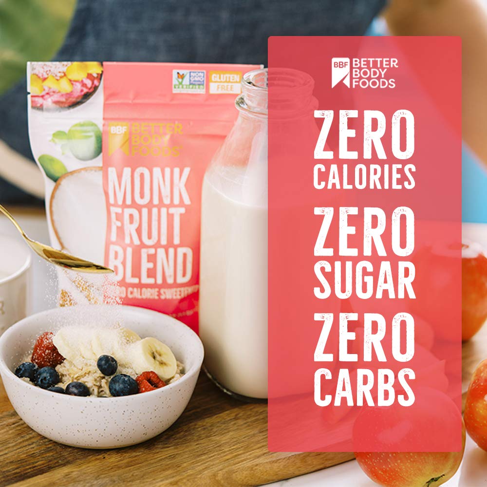 BetterBody Foods Monk Fruit Sweetener Blend, Raw Cane Sugar Substitute, Zero Calorie, Keto Diet Friendly, Zero Net Carbs, Zero Glycemic, Baking, Extract, Sugar Replacement, 1lb, 16 oz