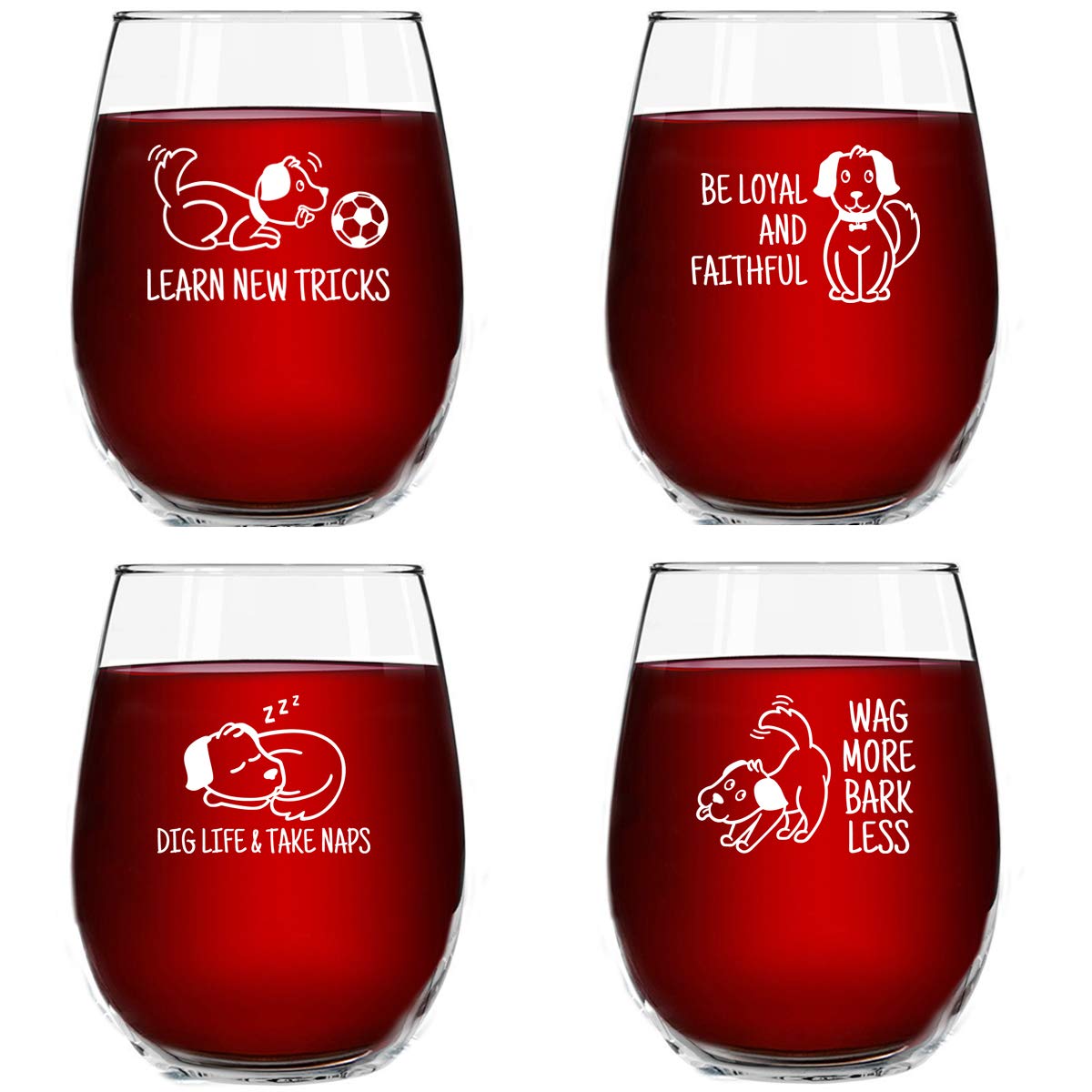 Dog Wisdom Novelty Stemless Wine Glasses Set of 4 | Funny Dog Themed Messages for Pet Owners and Wine Lovers | 15 oz. Funny Dog Wine Glass with Cute Messages | Dishwasher Safe | Made in USA