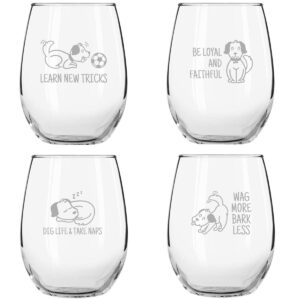 Dog Wisdom Novelty Stemless Wine Glasses Set of 4 | Funny Dog Themed Messages for Pet Owners and Wine Lovers | 15 oz. Funny Dog Wine Glass with Cute Messages | Dishwasher Safe | Made in USA