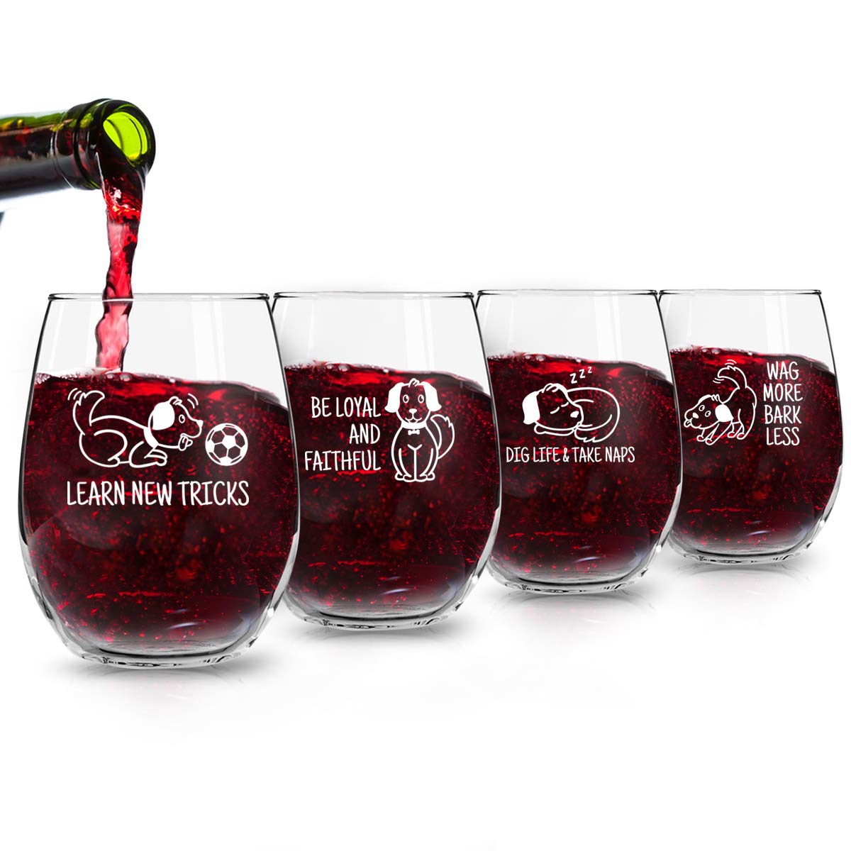 Dog Wisdom Novelty Stemless Wine Glasses Set of 4 | Funny Dog Themed Messages for Pet Owners and Wine Lovers | 15 oz. Funny Dog Wine Glass with Cute Messages | Dishwasher Safe | Made in USA