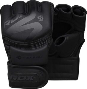 rdx mma gloves noir, maya hide leather, ventilated open d-cut palm, padded grappling sparring mitts, cage fighting kickboxing mixed martial arts muay thai training, punching bag pads workout, black