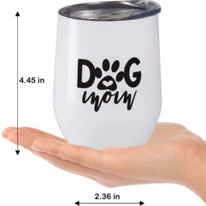 Fancyfams - Dog Mom - 12 oz Stainless Steel Stemless Wine Tumbler with Lid and Straw (Dog Mom - White)