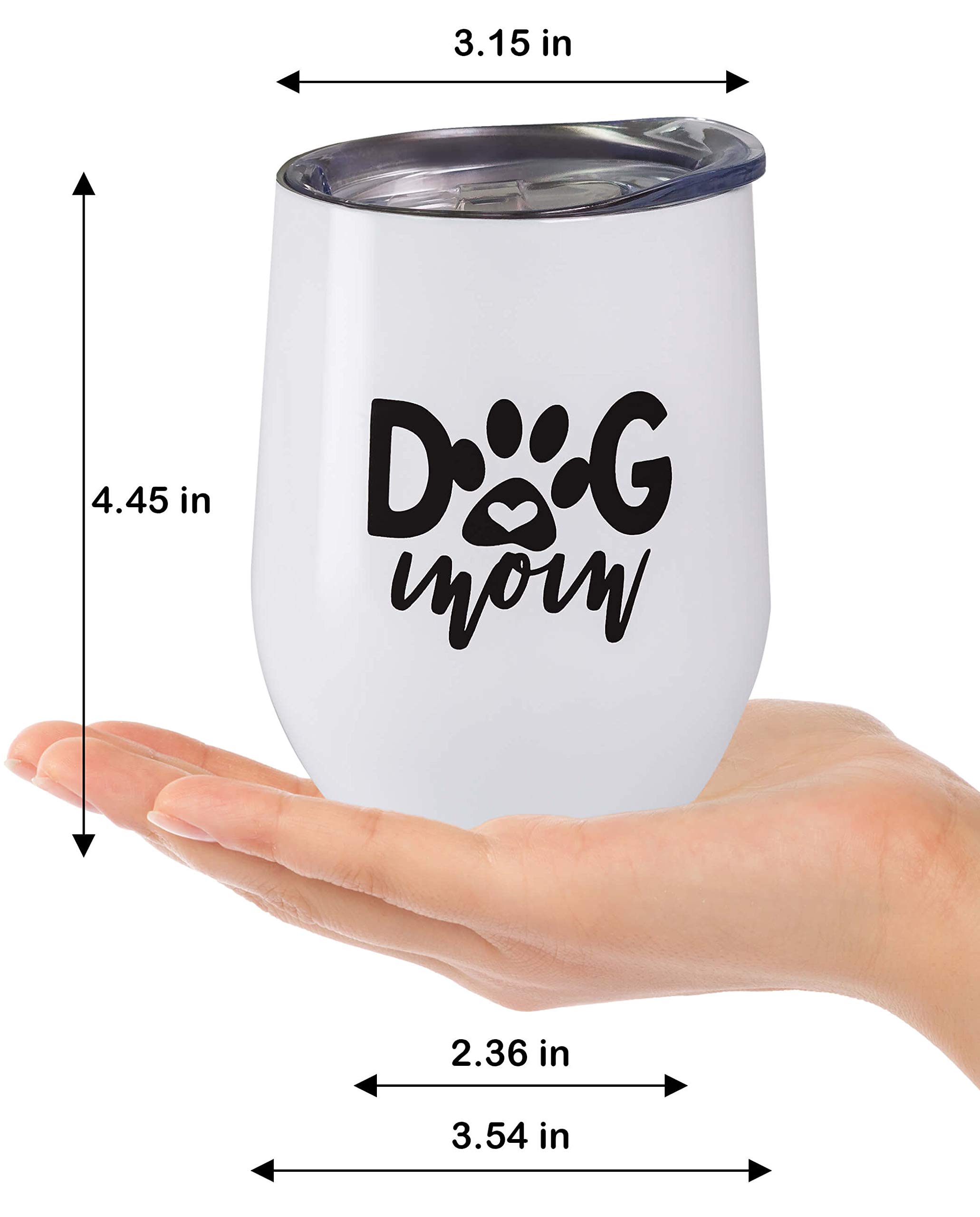 Fancyfams - Dog Mom - 12 oz Stainless Steel Stemless Wine Tumbler with Lid and Straw (Dog Mom - White)