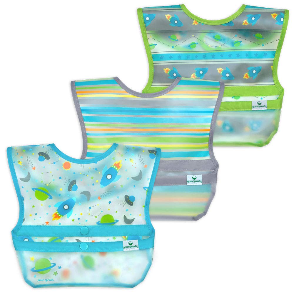 green sprouts Snap + Go Wipe-off Bibs (3 pack), Waterproof, Easy Clean, Catch-all Pocket, Made without PVC, Formaldehyde