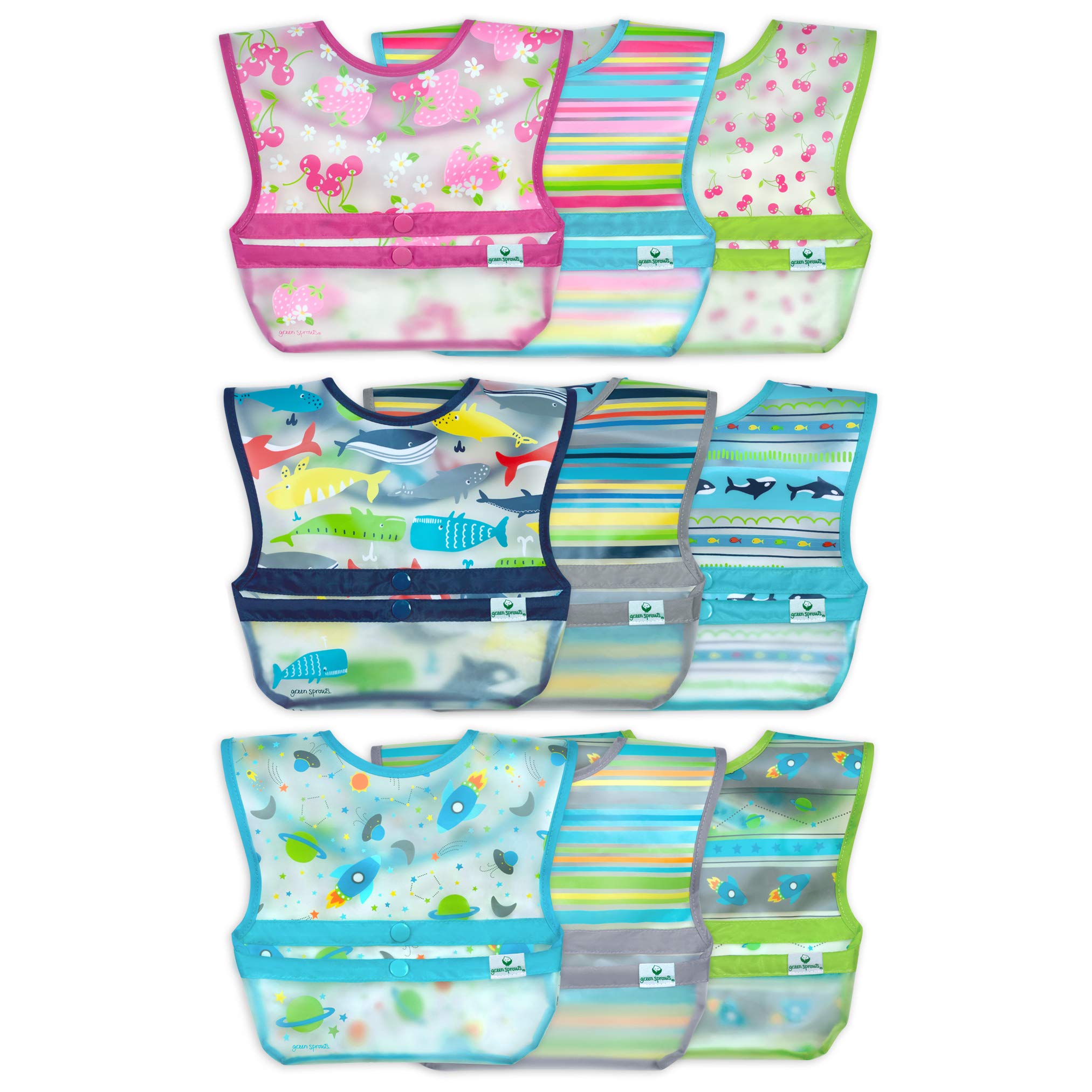 green sprouts Snap + Go Wipe-off Bibs (3 pack), Waterproof, Easy Clean, Catch-all Pocket, Made without PVC, Formaldehyde