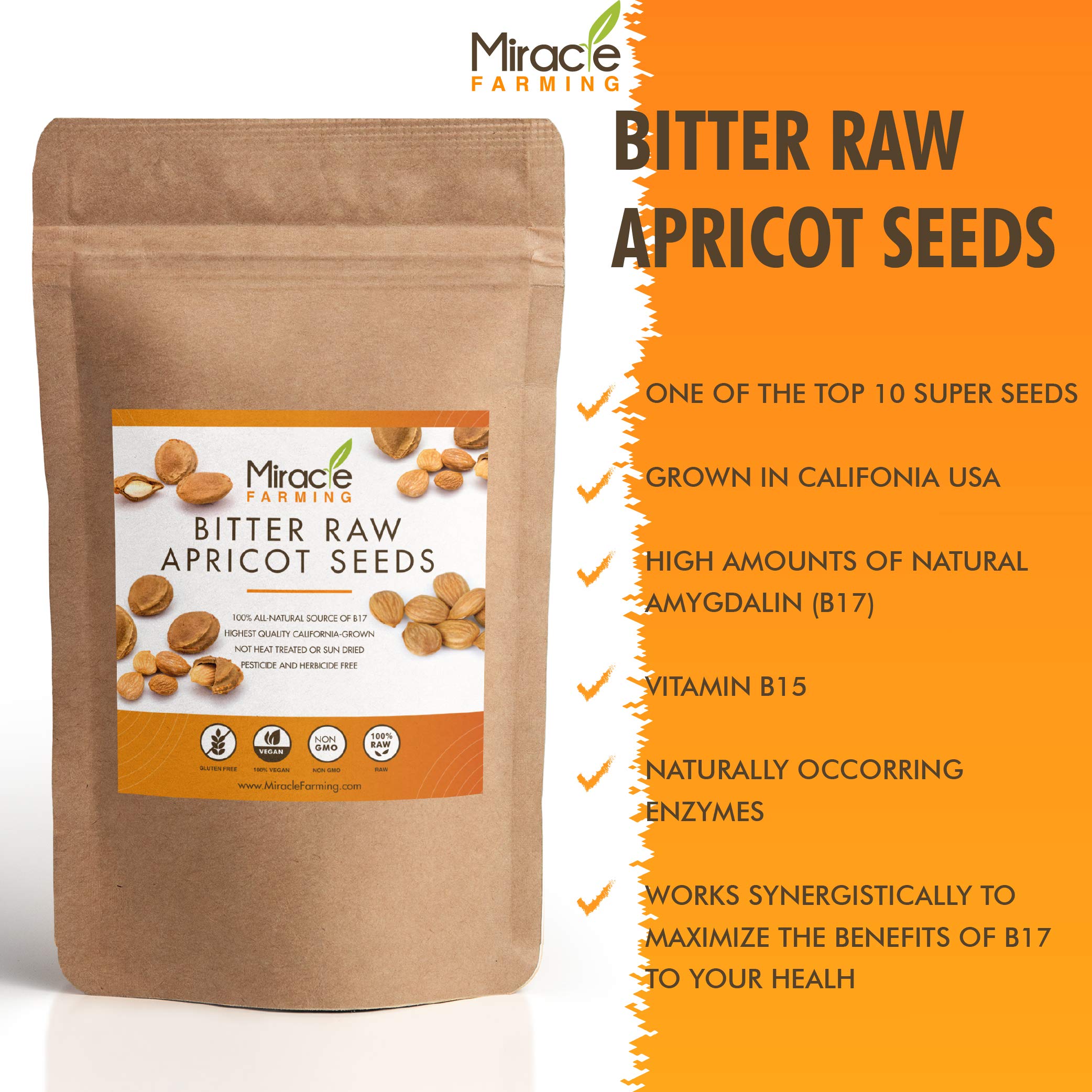 Bitter Apricot Seeds/Kernels, California USA Grown, Non GMO, Vegan, Raw & Large, The Best Natural Source of Vitamin B17, In a Resealable Pouch (1LB)