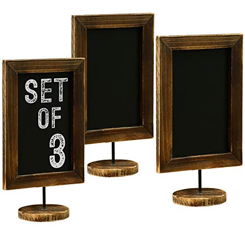 MyGift Set of 3 Tabletop Chalkboard Sign with Burnt Wood Frame and Round Base, Decorative Wedding Table Place Card Signage, Rustic Small Kitchen Countertop Memo Board