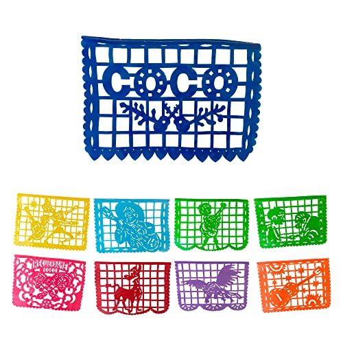 TexMex Fun Stuff 16 Ft Coco Movie Papel Picado Plastic (10 Extra Large Panels) Fiesta Party Decorations, Mexican Party Banners, Plastic Day of The Dead Banner, Cinco de Mayo Decorations Coco Theme