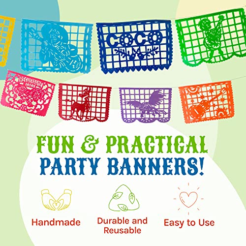 TexMex Fun Stuff 16 Ft Coco Movie Papel Picado Plastic (10 Extra Large Panels) Fiesta Party Decorations, Mexican Party Banners, Plastic Day of The Dead Banner, Cinco de Mayo Decorations Coco Theme