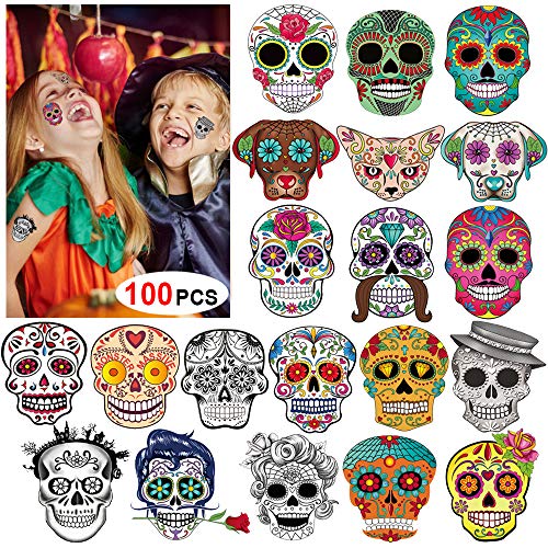 Day of the Dead Sugar Skull Tattoos(100Counts),Konsait Halloween Temporary Face Tattoos Sugar Skull Puppy Black Skeleton Web Red Roses Tattoo for kids Boys Girls Mexican Halloween Party Favor Supplies