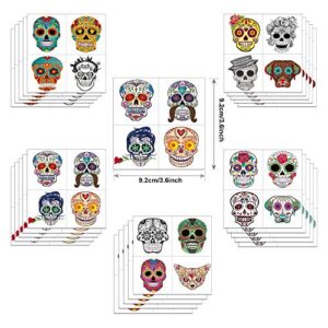 Day of the Dead Sugar Skull Tattoos(100Counts),Konsait Halloween Temporary Face Tattoos Sugar Skull Puppy Black Skeleton Web Red Roses Tattoo for kids Boys Girls Mexican Halloween Party Favor Supplies