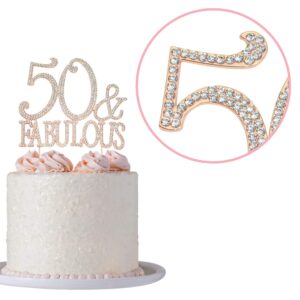 50 Cake Topper - Premium Rose Gold Metal - 50 and Fabulous - 50th Birthday Party Sparkly Rhinestone Decoration Makes a Great Centerpiece - Now Protected in a Box