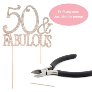 50 Cake Topper - Premium Rose Gold Metal - 50 and Fabulous - 50th Birthday Party Sparkly Rhinestone Decoration Makes a Great Centerpiece - Now Protected in a Box