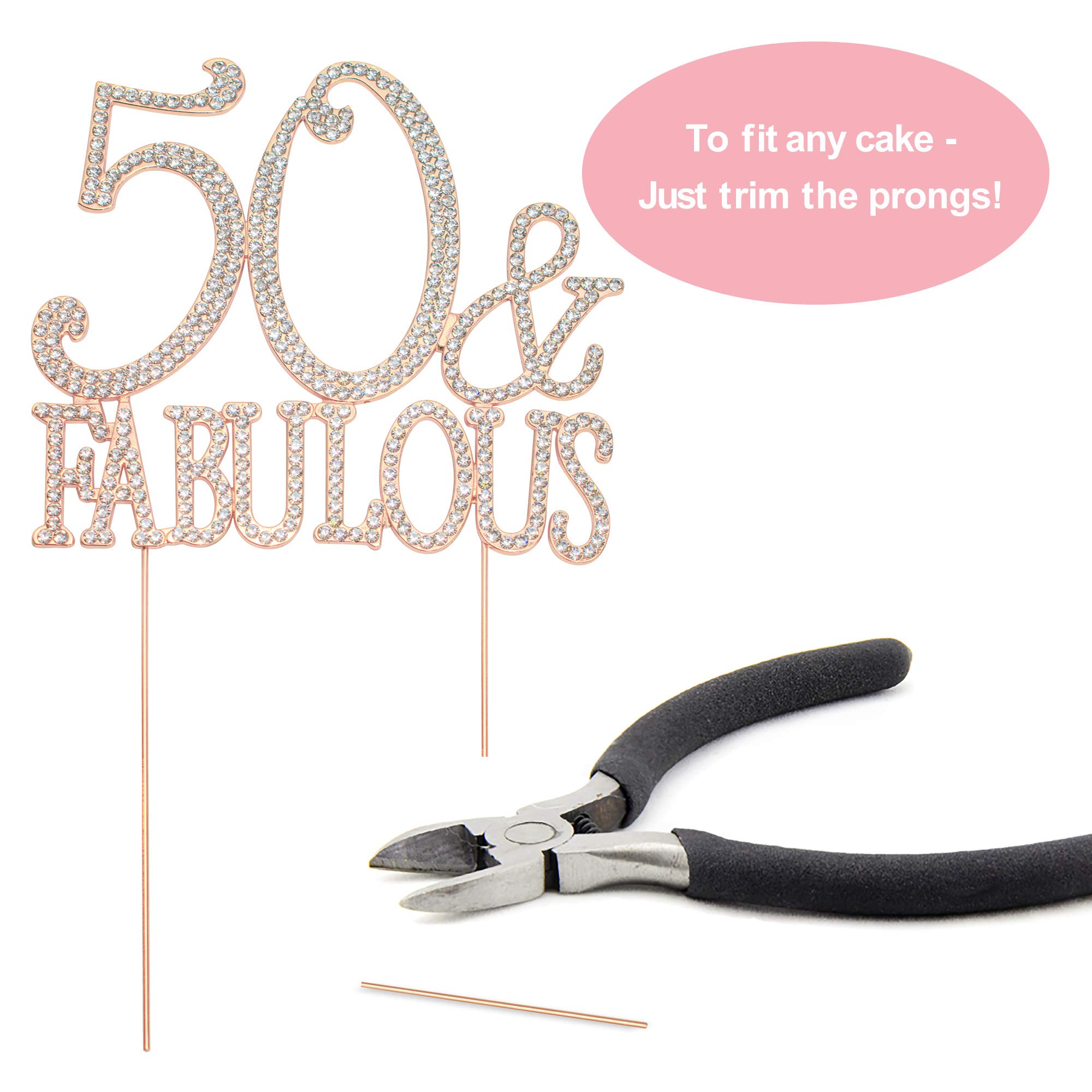 50 Cake Topper - Premium Rose Gold Metal - 50 and Fabulous - 50th Birthday Party Sparkly Rhinestone Decoration Makes a Great Centerpiece - Now Protected in a Box