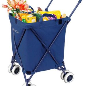 VersaCart Transit -The Original Patented Folding Shopping and Utility Cart, Water-Resistant Heavy-Duty Canvas with Cover, Double Front Swivel Wheels, Compact, Transport Up to 120 Pounds, Blue