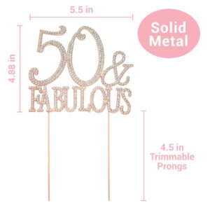 50 Cake Topper - Premium Rose Gold Metal - 50 and Fabulous - 50th Birthday Party Sparkly Rhinestone Decoration Makes a Great Centerpiece - Now Protected in a Box