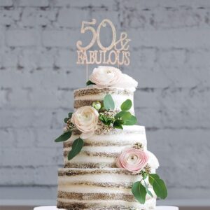 50 Cake Topper - Premium Rose Gold Metal - 50 and Fabulous - 50th Birthday Party Sparkly Rhinestone Decoration Makes a Great Centerpiece - Now Protected in a Box