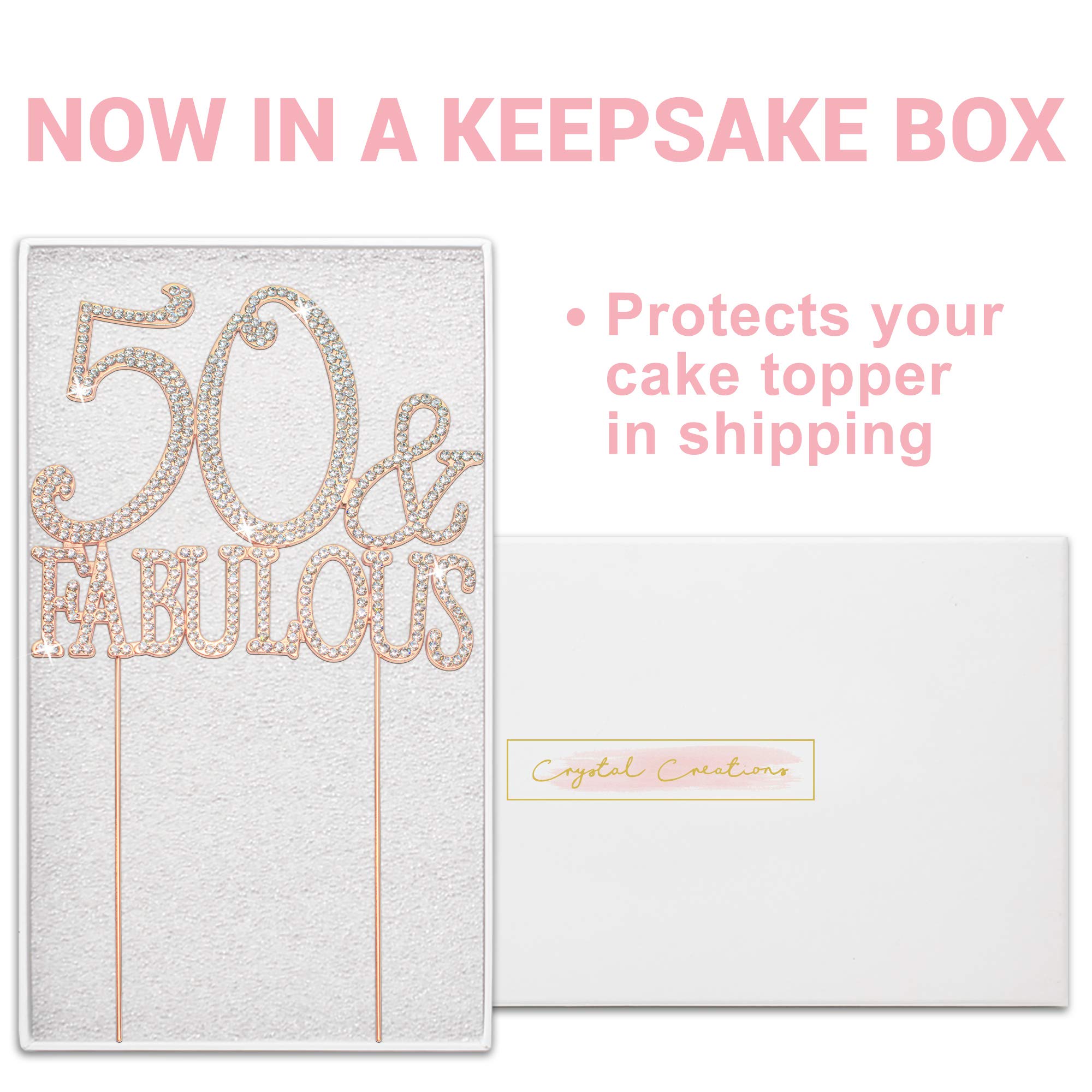 50 Cake Topper - Premium Rose Gold Metal - 50 and Fabulous - 50th Birthday Party Sparkly Rhinestone Decoration Makes a Great Centerpiece - Now Protected in a Box