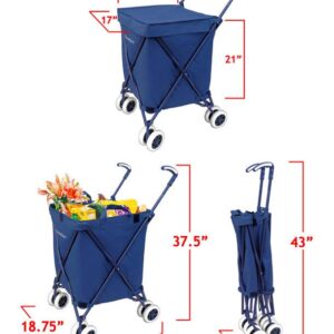 VersaCart Transit -The Original Patented Folding Shopping and Utility Cart, Water-Resistant Heavy-Duty Canvas with Cover, Double Front Swivel Wheels, Compact, Transport Up to 120 Pounds, Blue