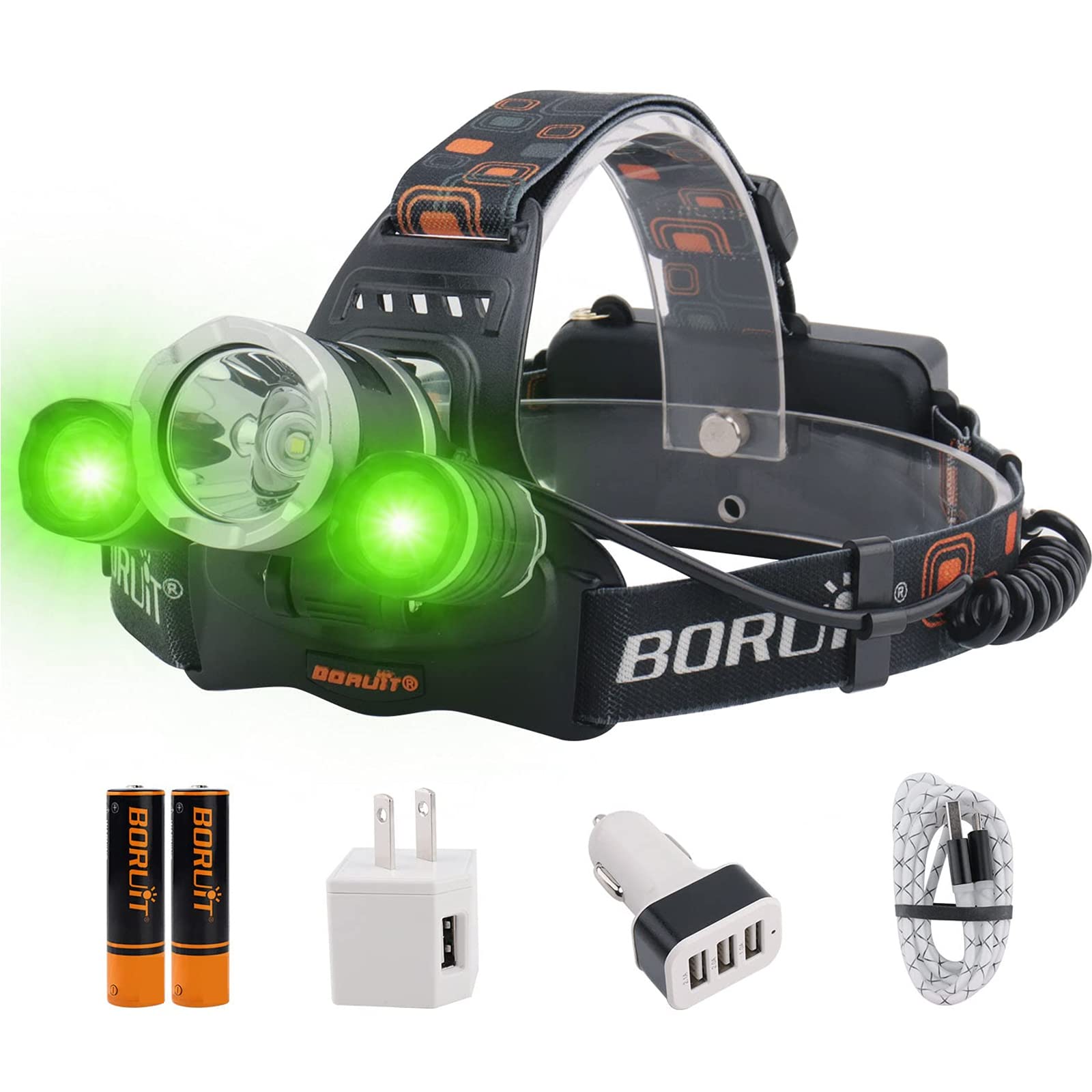 BORUIT rj-3000 LED Green Headlamp Rechargeable Hunting Head Lamp Super Bright 5000 Lumens 3 Modes Head Light IPX4 Waterproof USB Headlight for Adults Outdoor Fishing Camping