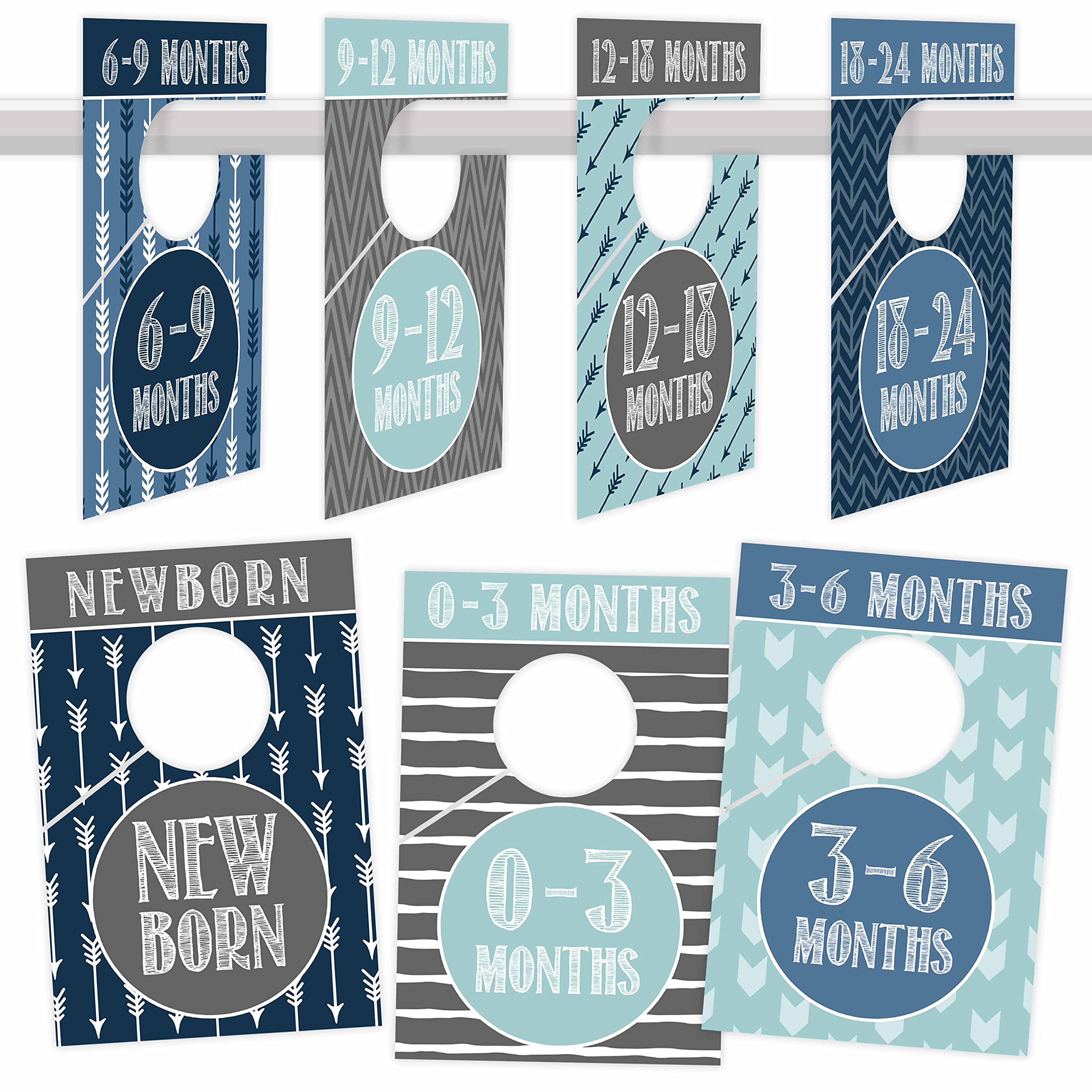 7 Blue Baby Nursery Closet Organizer Dividers For Boys Clothing, Age Size Hanger Organization For Kid, Toddler, Infant, Newborn Clothes Must Have Items, Best Shower Registry Gift Supplies, 0-24 Months