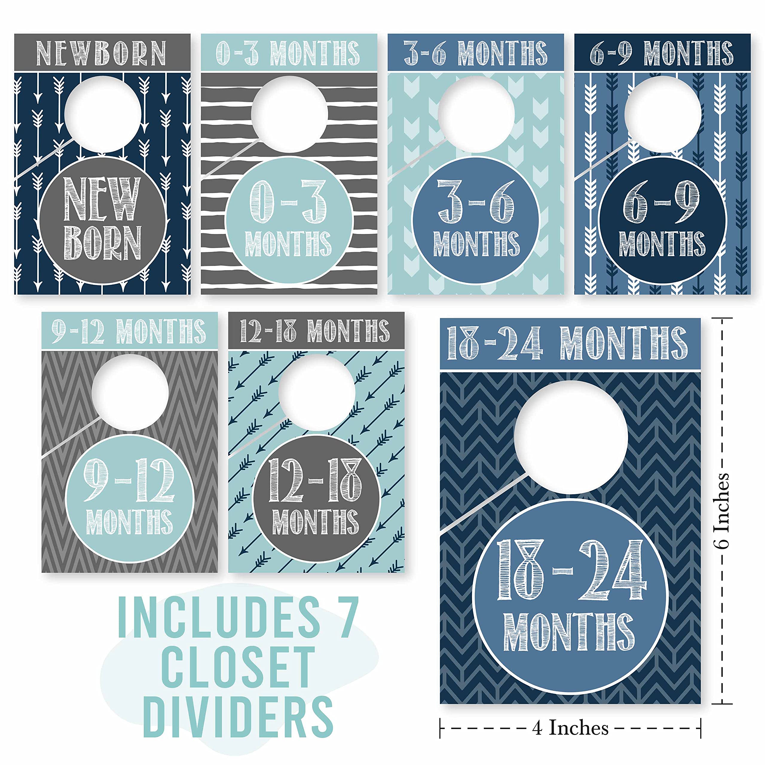 7 Blue Baby Nursery Closet Organizer Dividers For Boys Clothing, Age Size Hanger Organization For Kid, Toddler, Infant, Newborn Clothes Must Have Items, Best Shower Registry Gift Supplies, 0-24 Months