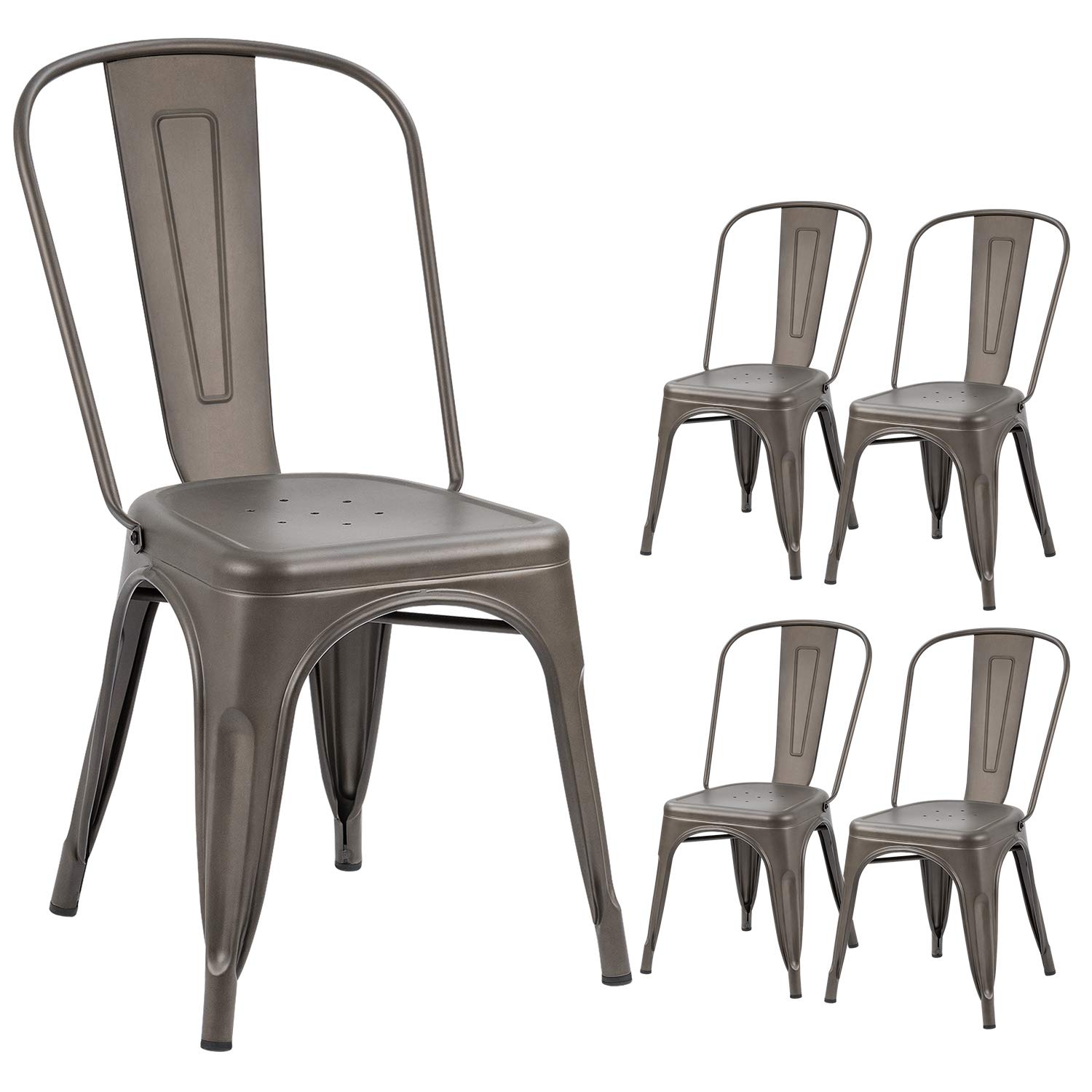 Devoko Metal Indoor-Outdoor Chairs Distressed Style Kitchen Dining Chairs Stackable Side Chairs with Back Set of 4 (Gun)