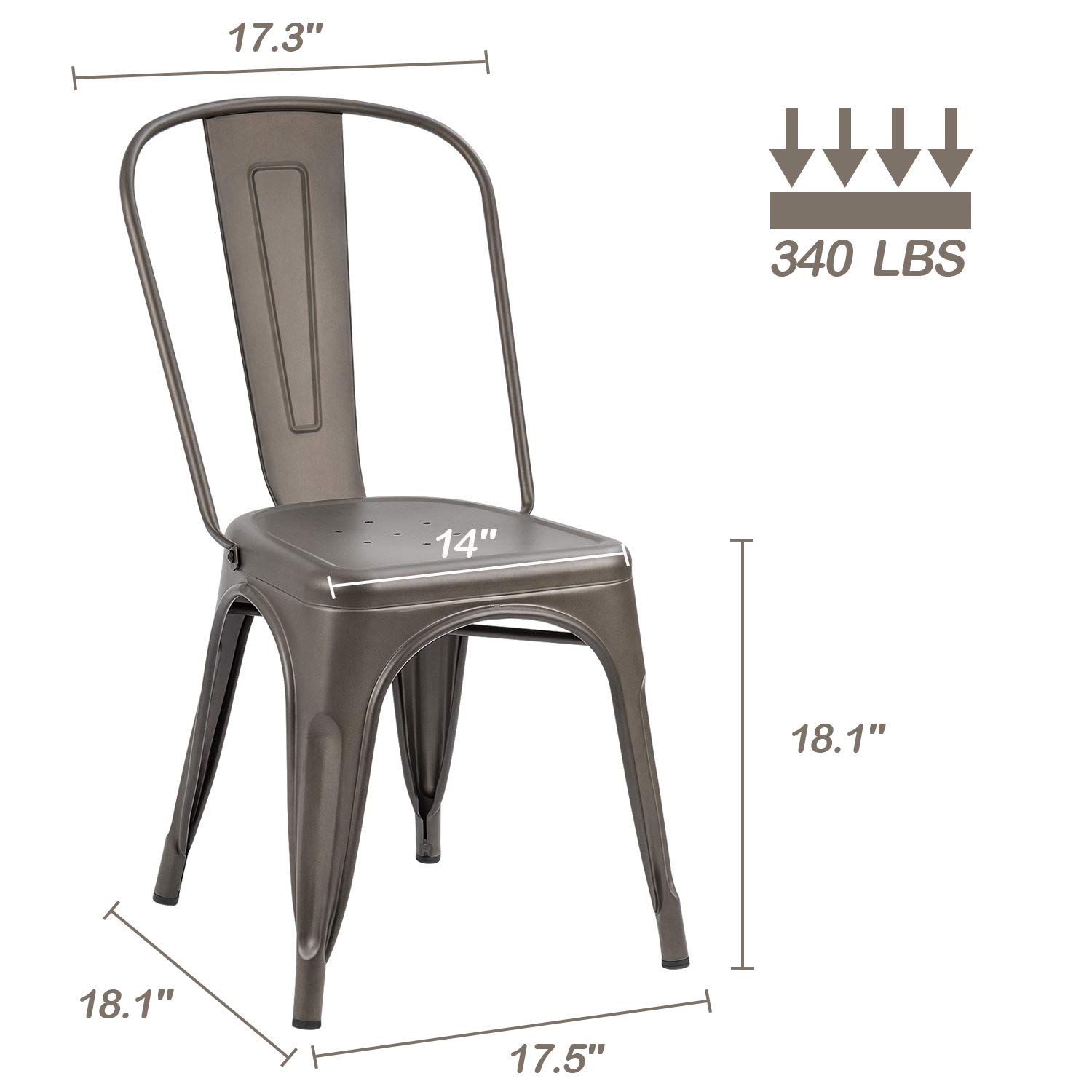 Devoko Metal Indoor-Outdoor Chairs Distressed Style Kitchen Dining Chairs Stackable Side Chairs with Back Set of 4 (Gun)