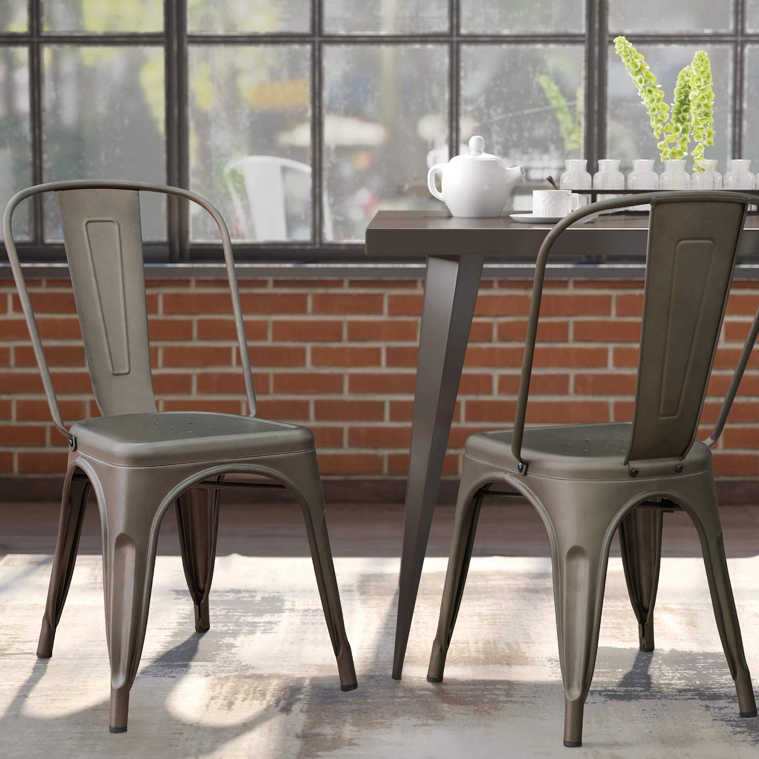 Devoko Metal Indoor-Outdoor Chairs Distressed Style Kitchen Dining Chairs Stackable Side Chairs with Back Set of 4 (Gun)