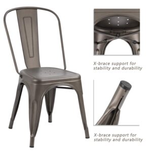 Devoko Metal Indoor-Outdoor Chairs Distressed Style Kitchen Dining Chairs Stackable Side Chairs with Back Set of 4 (Gun)