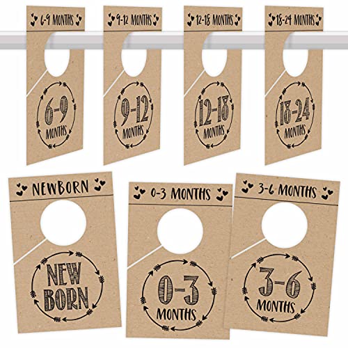 7 Rustic Baby Nursery Closet Organizer Dividers For Girls or Boys Clothing, Age Size Hanger Organization For Kid, Toddler, Infant, Newborn Clothes Must Have, Shower Registry Gift Supplies, 0-24 Months