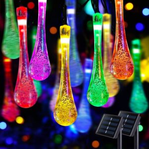 jmexsuss 2 pack solar outdoor string lights, total 41.6ft 60 led teardrop water drop lights, solar christmas lights outdoor waterproof for garden patio yard tree party christmas decor (multicolor)