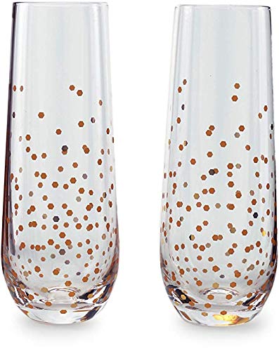 Circleware Confetti Gold Champagne Flutes Wine Glasses, Set of 2 Beverage Drinking Glassware for Water, Liquor and Home Bar Decor Dining Gifts, 10.5 oz,