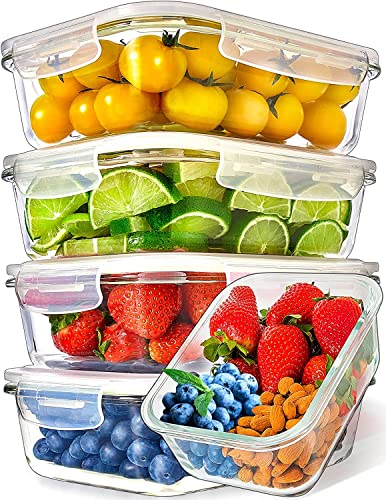 PrepNaturals 5 Pack 36 Oz Glass Meal Prep Containers - Dishwasher Microwave Freezer Oven Safe - Glass Storage Containers with Lids (Multi-Compartment)