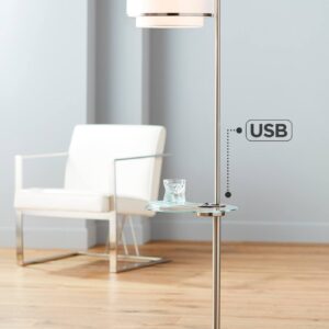 Possini Euro Design Vogue Modern Floor Lamp with Table Tempered Glass 60" Tall Brushed Nickel White Linen Silver Organza Double Drum Shade USB Charging Port for Living Room Reading House Bedroom