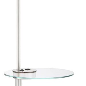 Possini Euro Design Vogue Modern Floor Lamp with Table Tempered Glass 60" Tall Brushed Nickel White Linen Silver Organza Double Drum Shade USB Charging Port for Living Room Reading House Bedroom