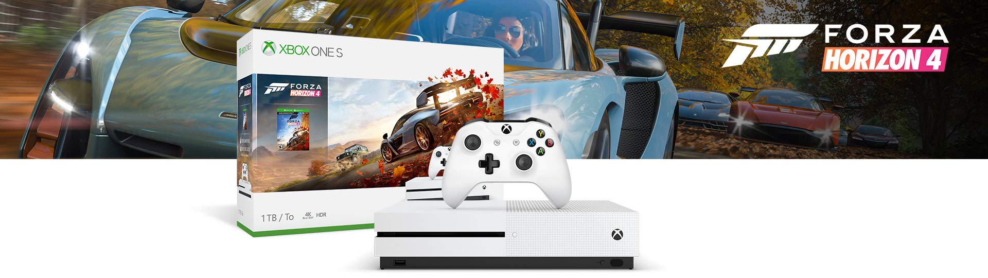 Xbox One S 1TB Forza Horizon 4 Console Bundle - Digital download of Forza Horizon 4 included - White Controller & Xbox One S included - 8GB RAM 1TB HD - Live Gold & Game Pass trials - 4K Blu-r