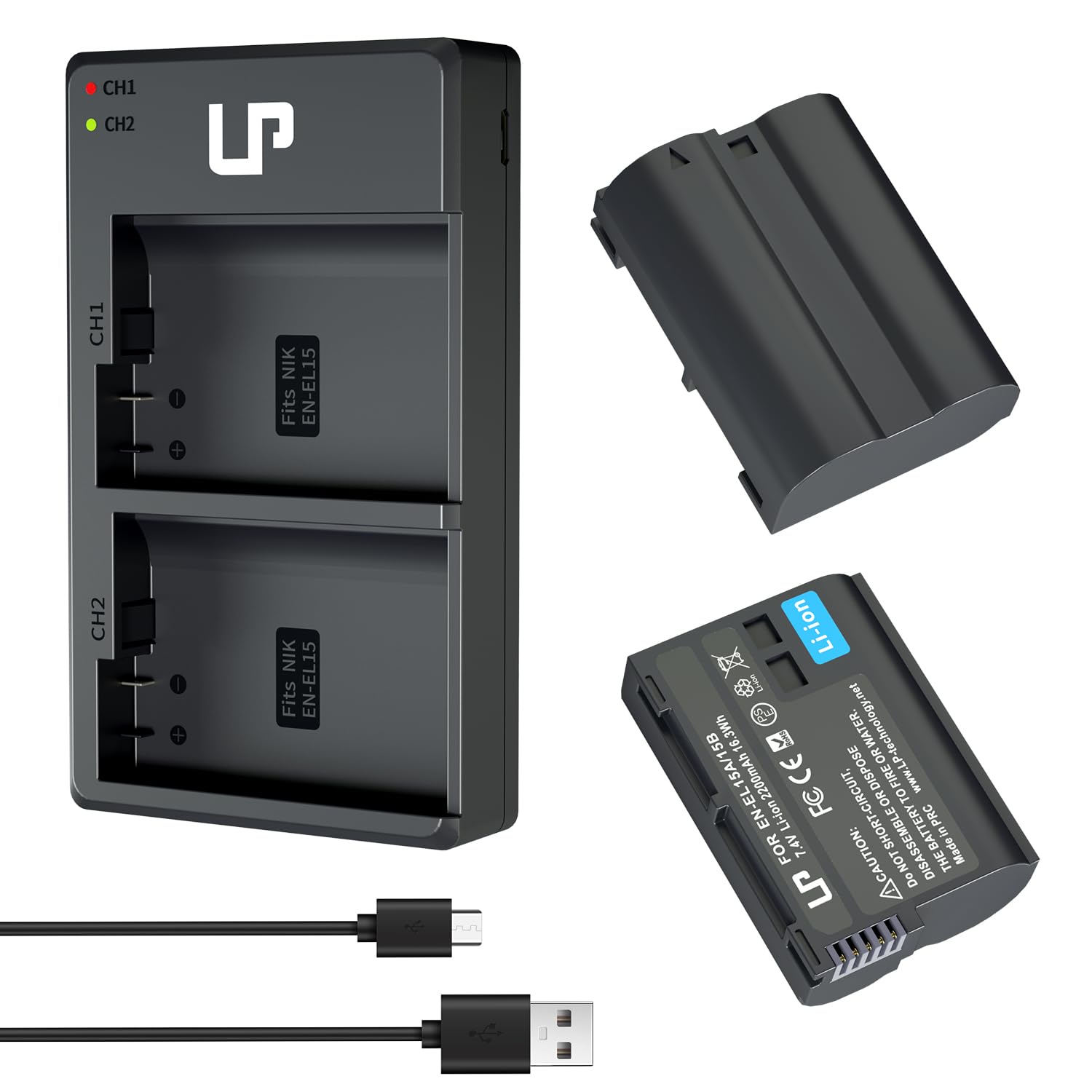 EN-EL15 EN EL15a Battery Charger Pack, LP 2-Pack Battery & Dual Slot Charger, Compatible with Nikon D7500, D7200, D7100, D7000, D850, D750, D500, D810a, D810, D800e, D800, D610, D600 & More