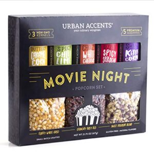 urban accents movie night popcorn kernels and popcorn seasoning variety pack (set of 8) - 3 non-gmo popcorn kernel packs and 5 gourmet popcorn snack seasoning