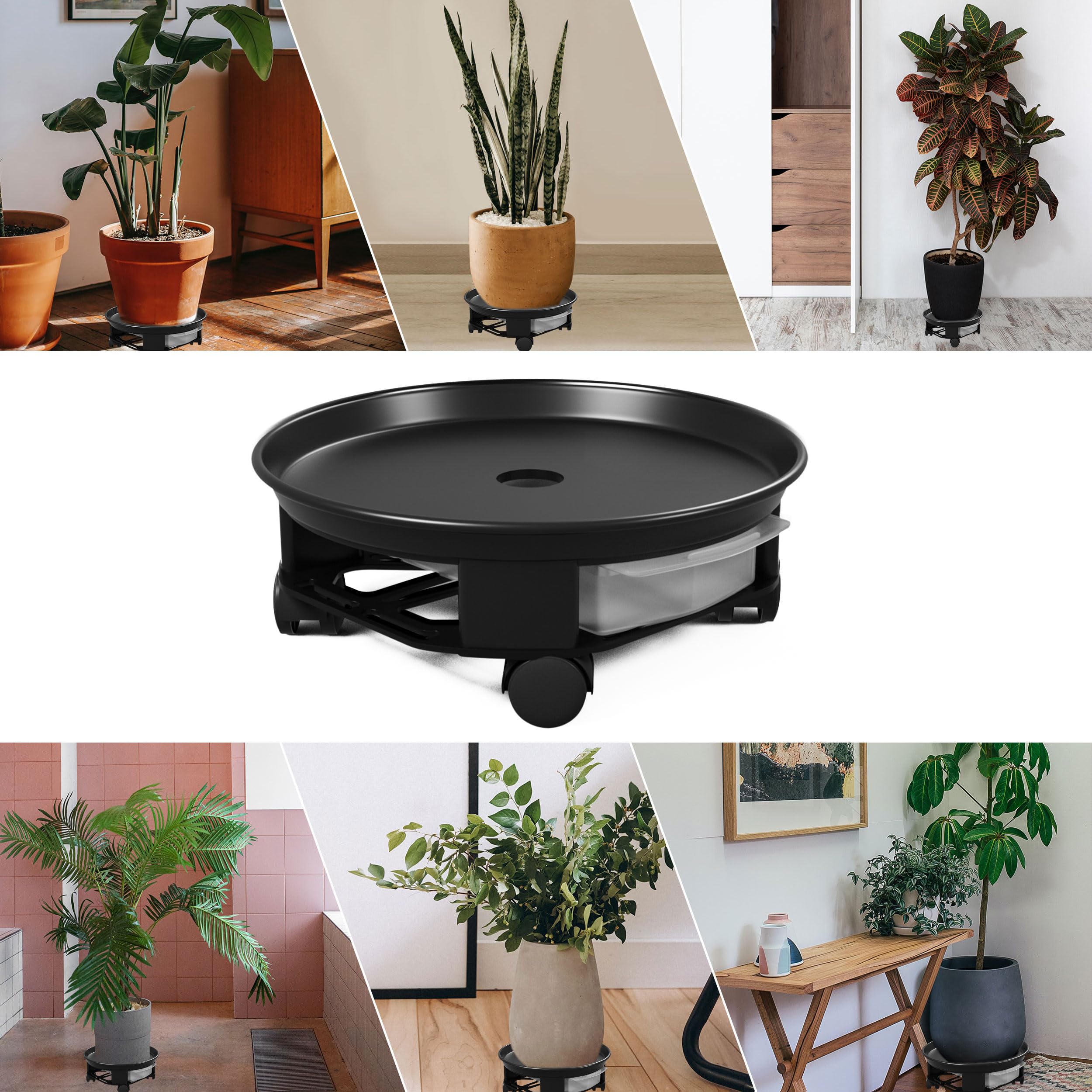 Amkoskr 1 Pack 17.7" Black Plant Caddy with Easy Moving Caster Wheels and a Water Container Round Movable Planter Dolly Trolley Tray Pallet Outdoor Indoor Tree Flower Stand Planter