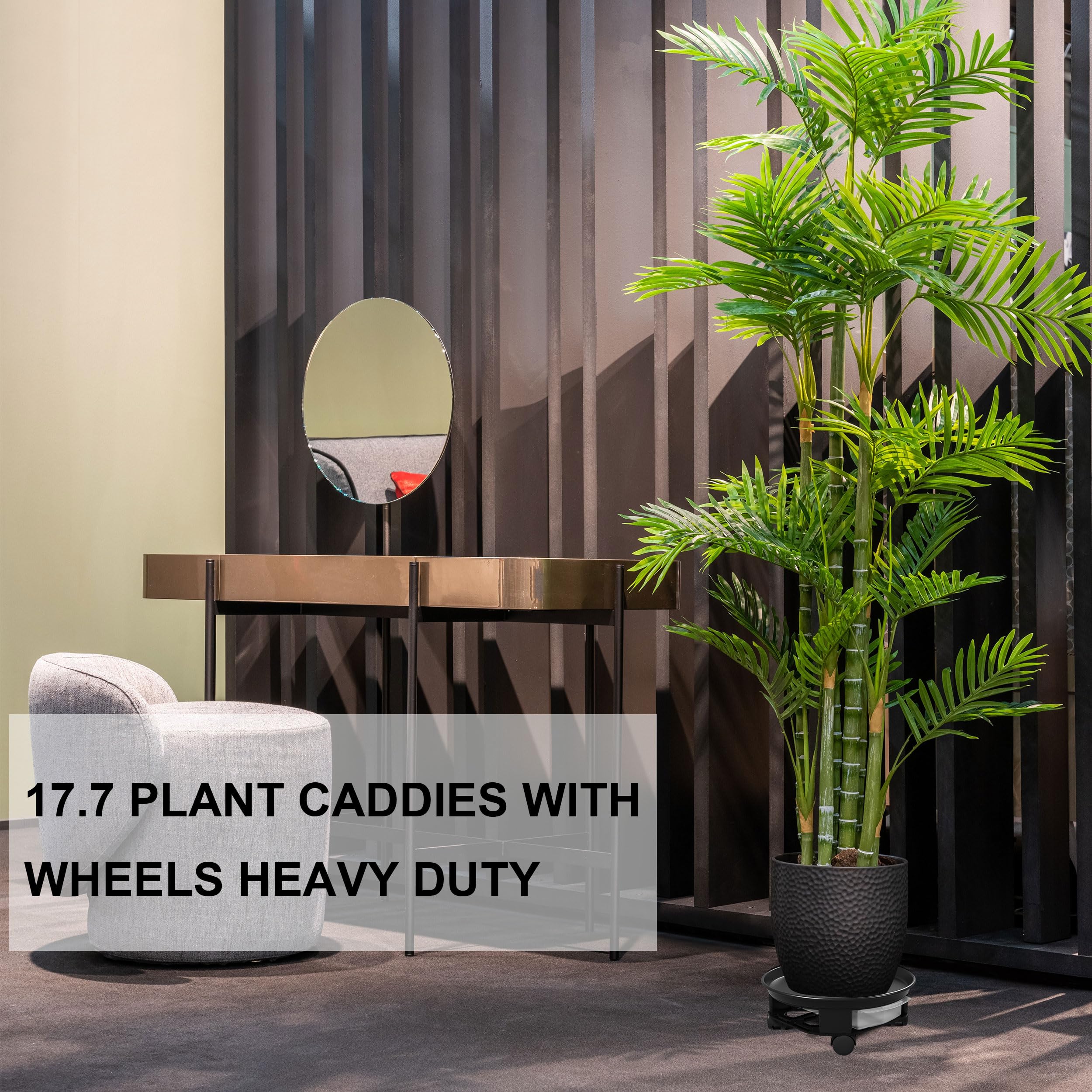 Amkoskr 1 Pack 17.7" Black Plant Caddy with Easy Moving Caster Wheels and a Water Container Round Movable Planter Dolly Trolley Tray Pallet Outdoor Indoor Tree Flower Stand Planter