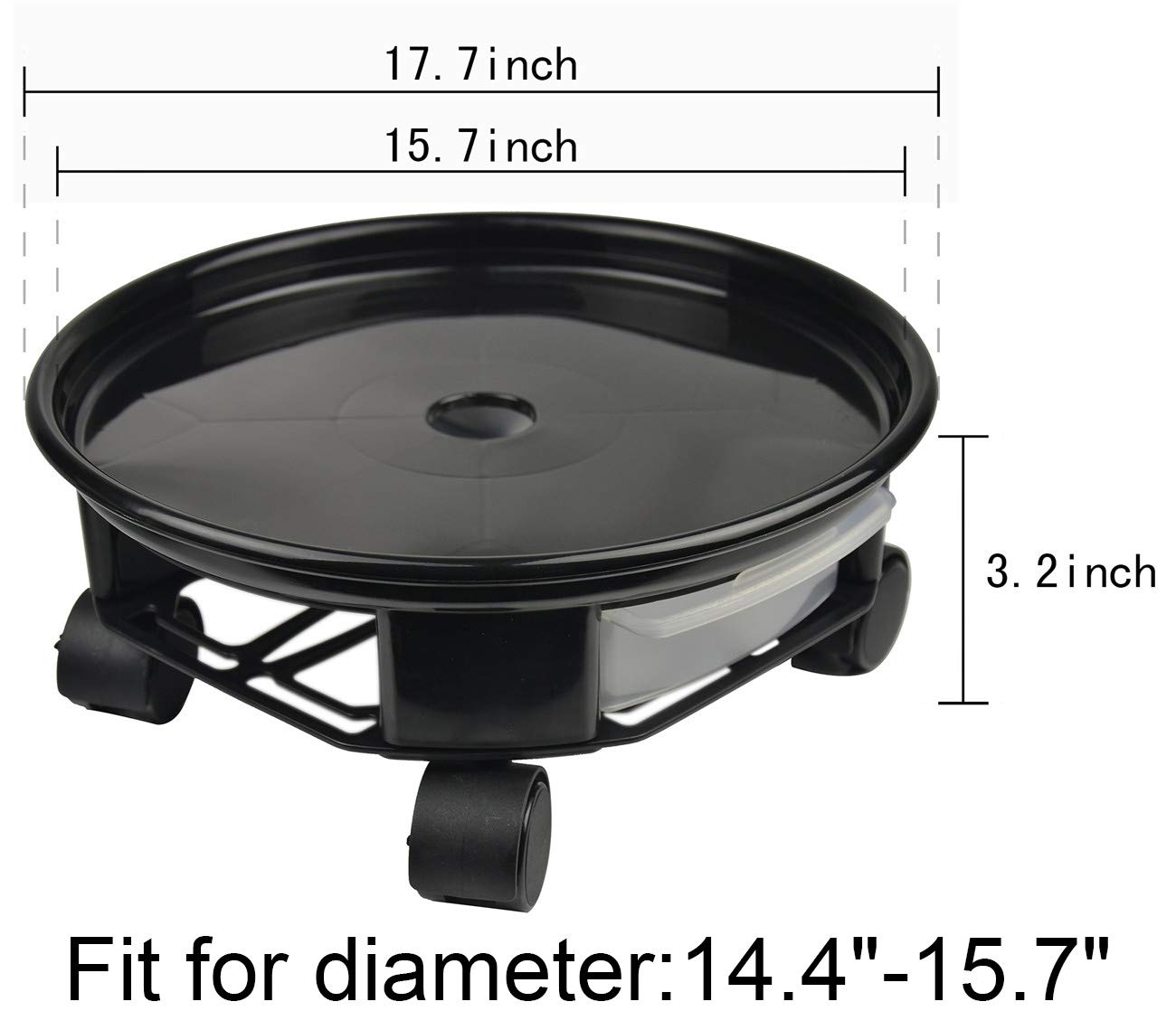 Amkoskr 1 Pack 17.7" Black Plant Caddy with Easy Moving Caster Wheels and a Water Container Round Movable Planter Dolly Trolley Tray Pallet Outdoor Indoor Tree Flower Stand Planter