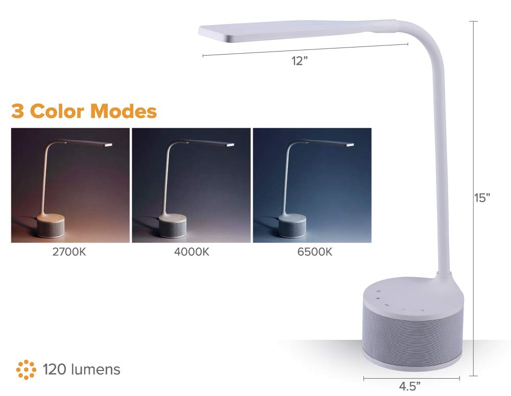 Bostitch LED Dimmable Desk Lamp with Bluetooth Speaker & USB Port, Energy Efficient, 5.5W, Natural Daylight, White (VLED1817WHITE-BOS)