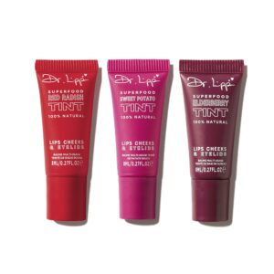 dr.lipp, superfood tints. 4-in-one. lip gloss, lip tint, cheek blush, tinted eye gloss. 100% natural-origin. 3 x 8ml tubes.