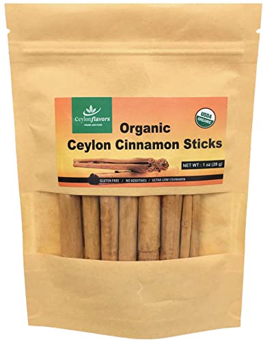 Organic Ceylon cinnamon sticks, True or Real Cinnamon, Premium Grade, Harvested from a USDA Certified Organic Farm in Sri Lanka 1 oz / 28 g (3" cut 6 to 7 sticks)