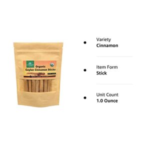 Organic Ceylon cinnamon sticks, True or Real Cinnamon, Premium Grade, Harvested from a USDA Certified Organic Farm in Sri Lanka 1 oz / 28 g (3" cut 6 to 7 sticks)