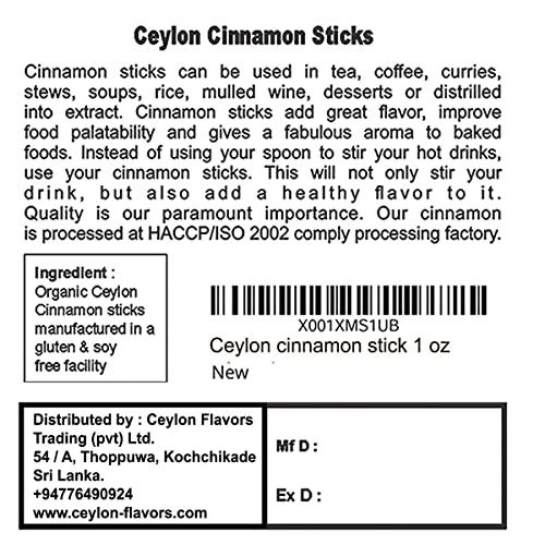 Organic Ceylon cinnamon sticks, True or Real Cinnamon, Premium Grade, Harvested from a USDA Certified Organic Farm in Sri Lanka 1 oz / 28 g (3" cut 6 to 7 sticks)