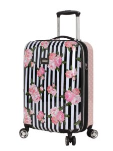 betsey johnson designer 20 inch carry on - expandable (abs + pc) hardside luggage - lightweight durable suitcase with 8-rolling spinner wheels for women (stripe roses)