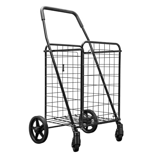 Folding Shopping Cart with 360-Degree Wheels Black (Single Basket)