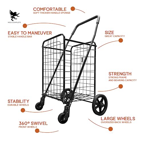 Folding Shopping Cart with 360-Degree Wheels Black (Single Basket)